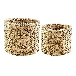 Mud Pie Hyacinth Beaded Basket Set, Brown, small 9" x 12" dia | large 11" x 14" dia