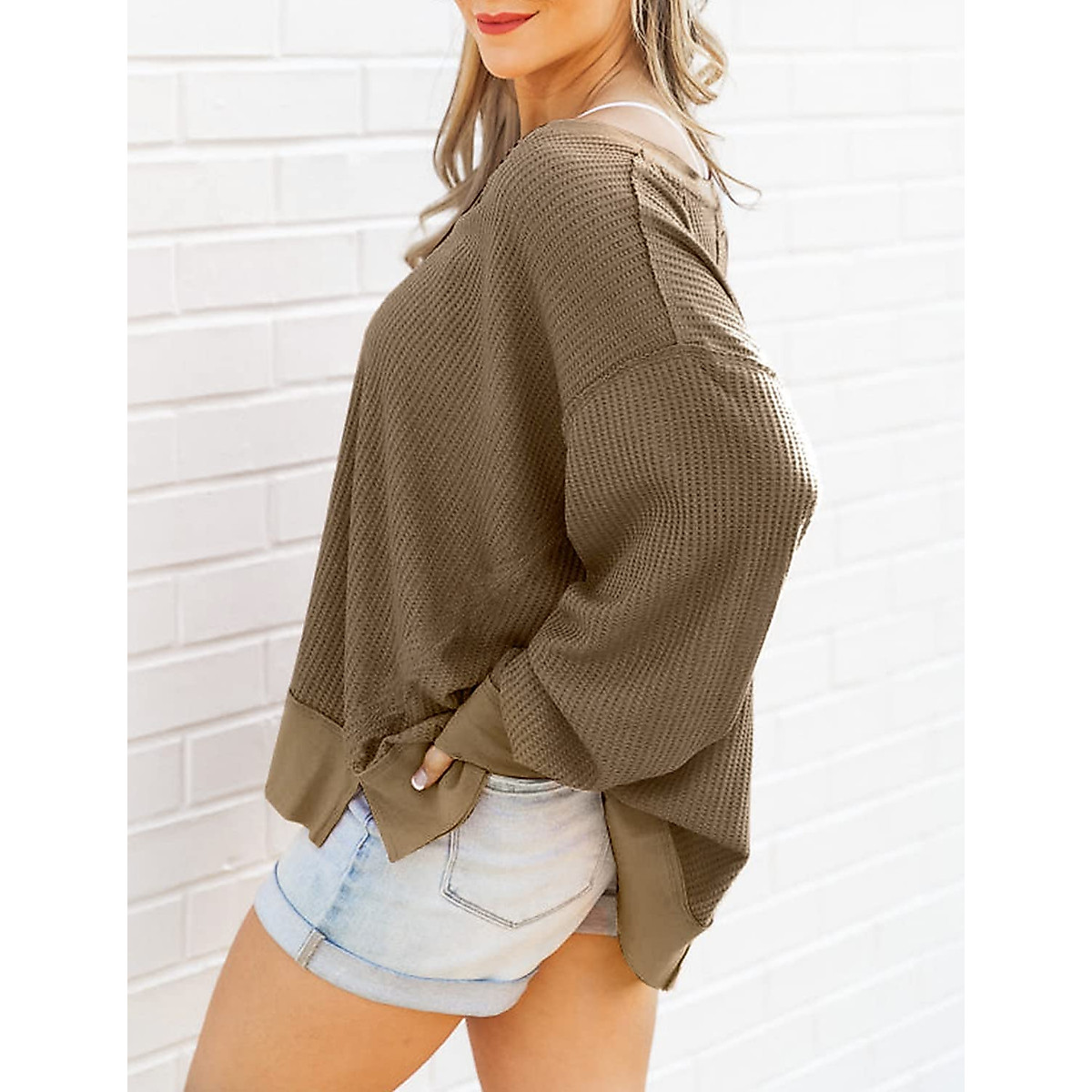 ASTANFY Womens Long Sleeve Sweatshirts Waffle Knit Shirts V Neck Solid Color Pullover Casual Loose Fit Tunic Tops