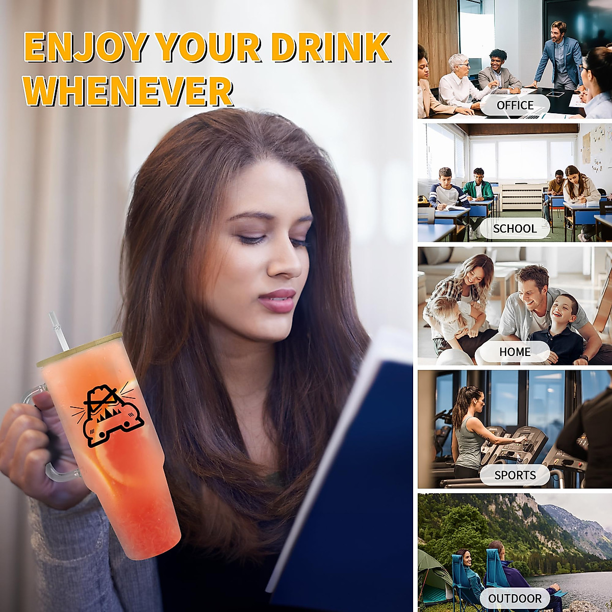 AGH 40oz Sublimation Glass Tumbler with Handle, 4pcs Clear Sublimation Glass Cups Blanks with Bamboo Lid & Plastic Straw, Reusable Iced Coffee Cup Fits in Car Cup Holder