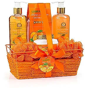 Birthday Gift Basket, Home Spa Gift Basket - Orange & Mango Fragrance - 7pc Bath & Body Set For Women & Men, Contains Shower Gel, Bubble Bath, Body Lotion, Bath Salt, 2 Bath Poufs & Handmade Basket
