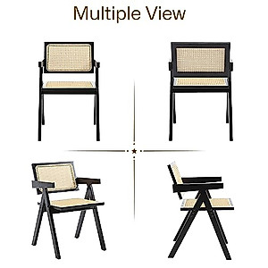 civama Rattan Dining Chairs Set of 2, Retro Woven Chairs for Dining Room Mid-Century Modern Armchairs, Breathable Rattan Back & Seat, Solid Wooden Frame, Kitchen Chairs for Home Restaurant, Black