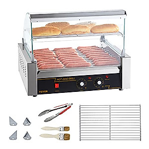 VEVOR Hot Dog Roller, 11 Rollers 30 Hot Dogs Capacity, 1650W Stainless Sausage Grill Cooker Machine with Dual Temp Control Glass Hood Acrylic Cover Bun Warmer Shelf Removable Drip Tray, ETL Certified