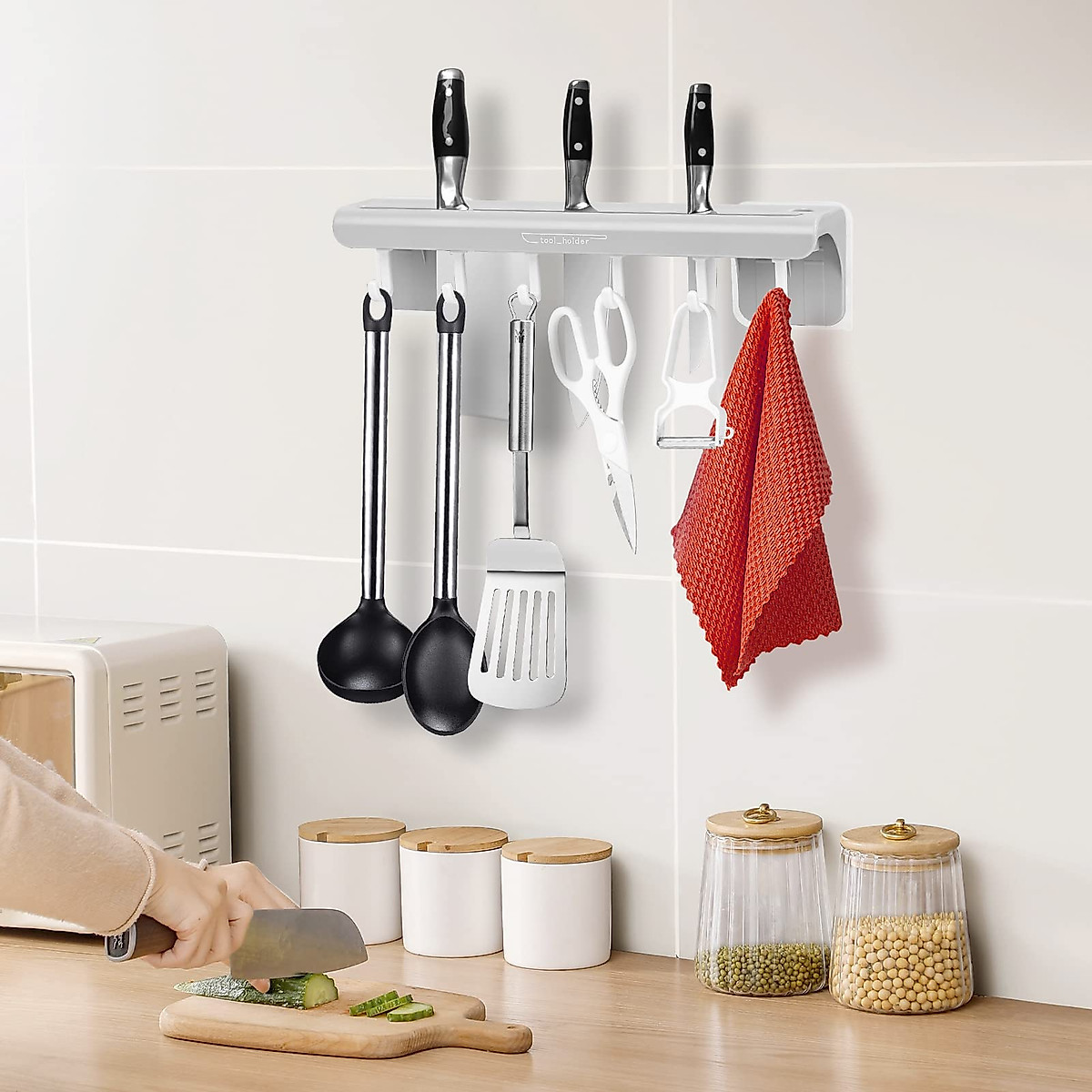 Toplive Knife Storage Rack Block, Wall Mount Fruit Knife Holder with 6 Hooks for Home Kitchen Multi-functional Punch-Free Knife Holder for Knife Spatulas Scraper Scissors