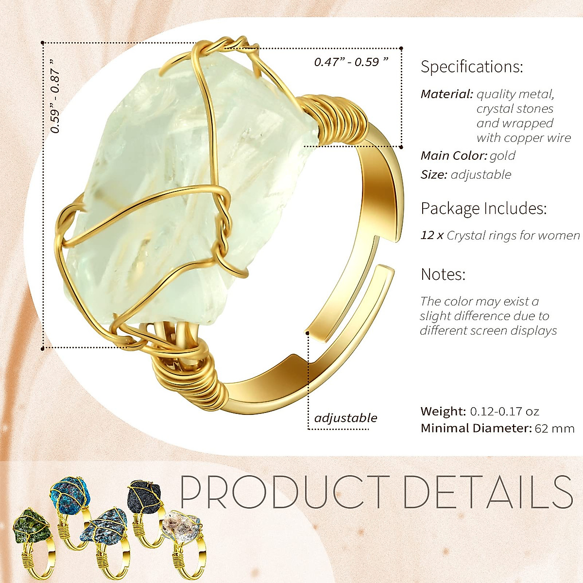 Sureio 12 Pieces Chakra Crystal Ring Healing Crystal Adjustable Gemstone Irregular Stone Rings for Women and Girls Colorful Gem Copper Wire Wrap Ring for Women, Gold Ring