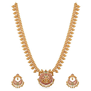 TARINIKA Antique Gold Plated Gita Long Necklace Set with Peacock Design - Indian Jewelry Sets for Women | Perfect for Ethnic Occasions | Traditional South Indian Necklace | 1 Year Warranty*