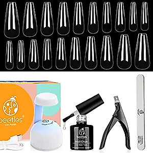 Beetles Gel Nail Kit Easy Nail Extension Set 5 In 1 Nail Glue Gel Base Coat with Pre shaped Long Coffin Soft Gel Nail Tips and Led Nail Lamp Acrylic Nail Clipper for Nail Art Diy Home Manicure