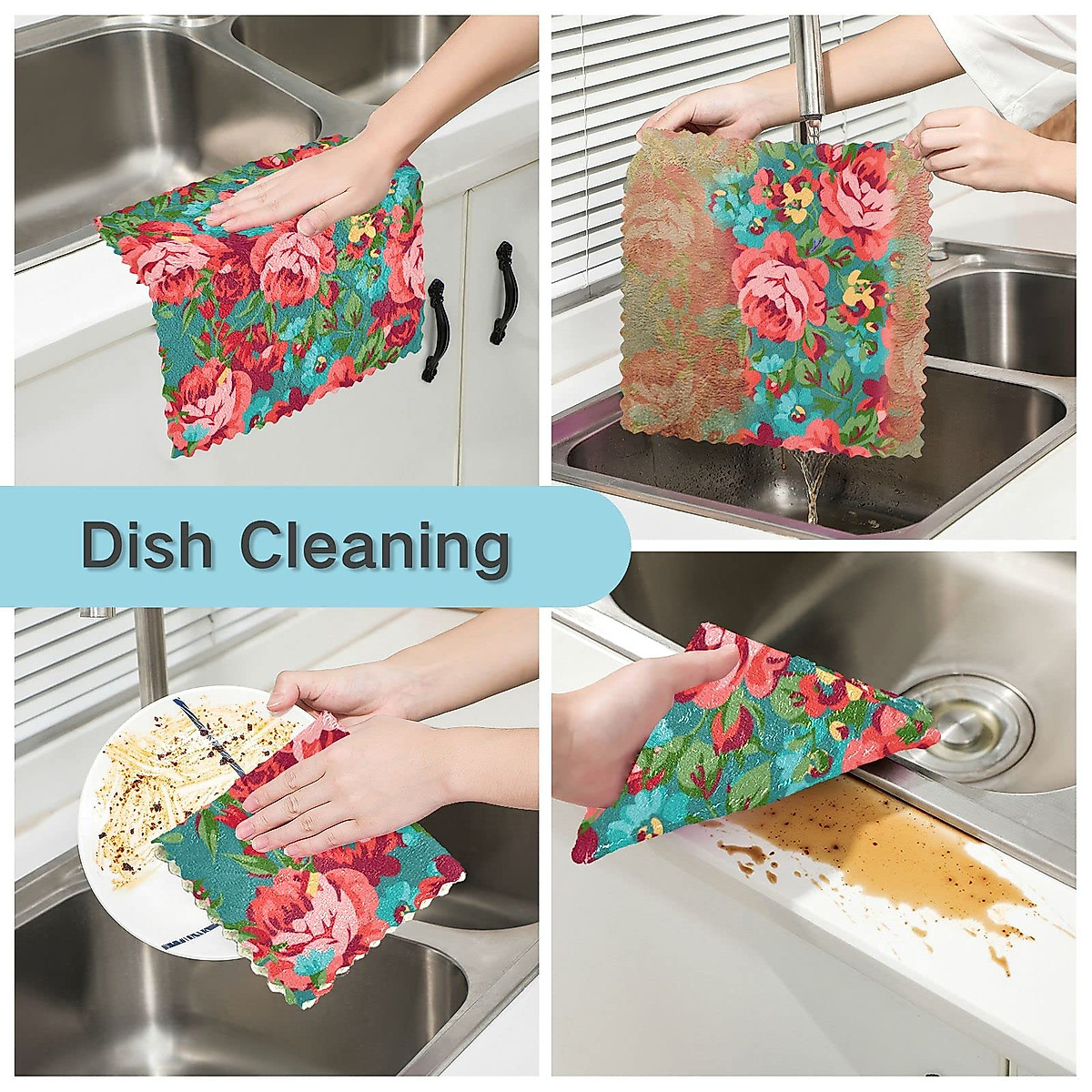 Kcldeci Red Green Rose 6 Pack Dish Cloths for Washing Dishes Kitchen Dishcloth Microfiber Dish Towel Rags Absorbent Reusable Cleaning Drainer Washcloths