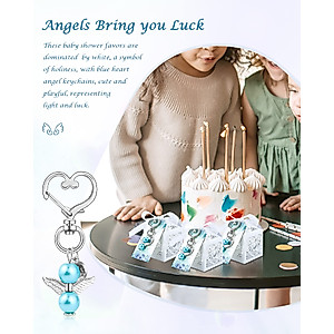 YETOOME 100 Pcs Baby Shower Favors for Boys, Angel Keychains Favor Baptism Favor Boxes White Organza Bags with Drawstring Thank You Tags for Baby Shower Baptism Party Gift, 25 Sets (Blue)