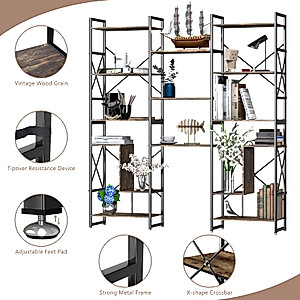 KIDSU Large Bookshelf,Industrial Bookacse with 15 Open Display Shelves,Triple Wide 5 Tier Wood and Metal Bookshelf,Modern Grey Bookshelve for Living Room,Office,Bedroom (Rustic Brown)
