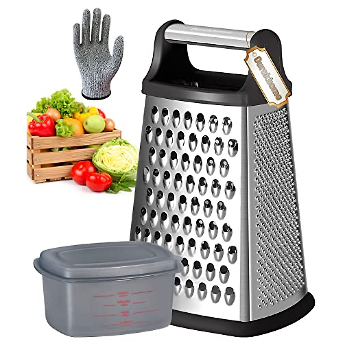 Ourokhome Professional Box Graters with Container, Stainless Steel 4 Sides, Kitchen Slicer Shredder Zester Grater for Parmesan Cheese, Vegetables, Ginger, 10 Inch, a Resistant Glove for Gift (Black)