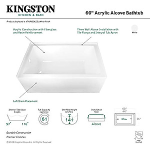 Kingston Brass Aqua Eden VTAP603622L 60-Inch Acrylic Alcove Tub with Left Hand Drain, White