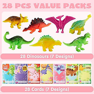 JOYIN 28 Pack Valentines Day Card with Dinosaur Figure Toys for Valentine Kids Party Favor, Classroom Exchange Prizes, Valentine’s Greeting Cards