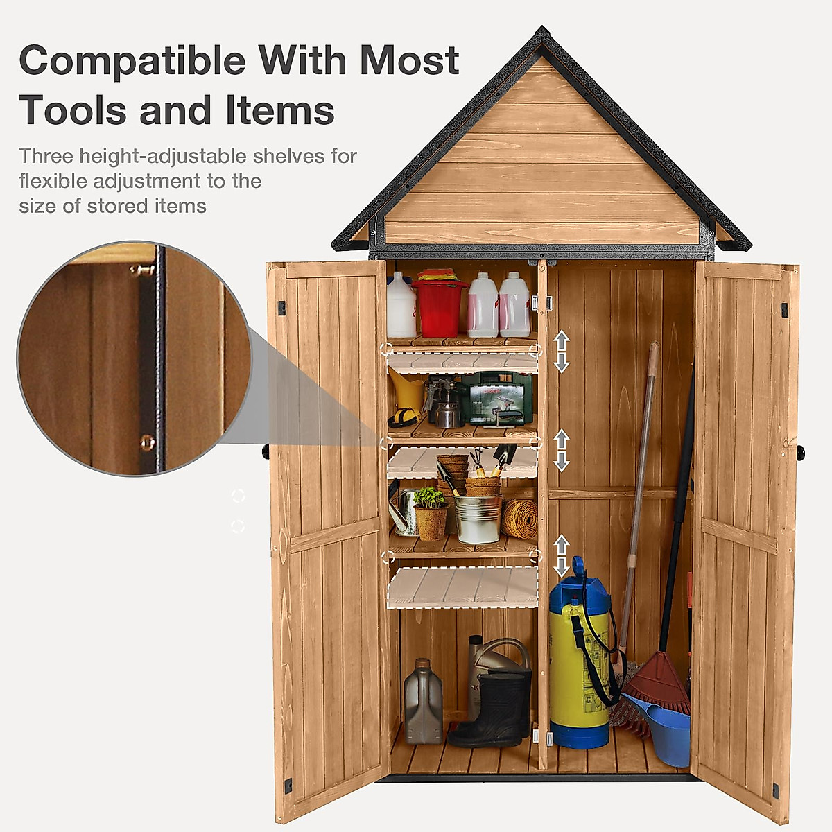 MEDEHOO Outdoor Storage Shed with Floor and Waterproof Roof - Metal Framed Tool Cabinet with Adjustable Shelves - Double Lockable Doors for Backyard, Garden, Patio (Brown)