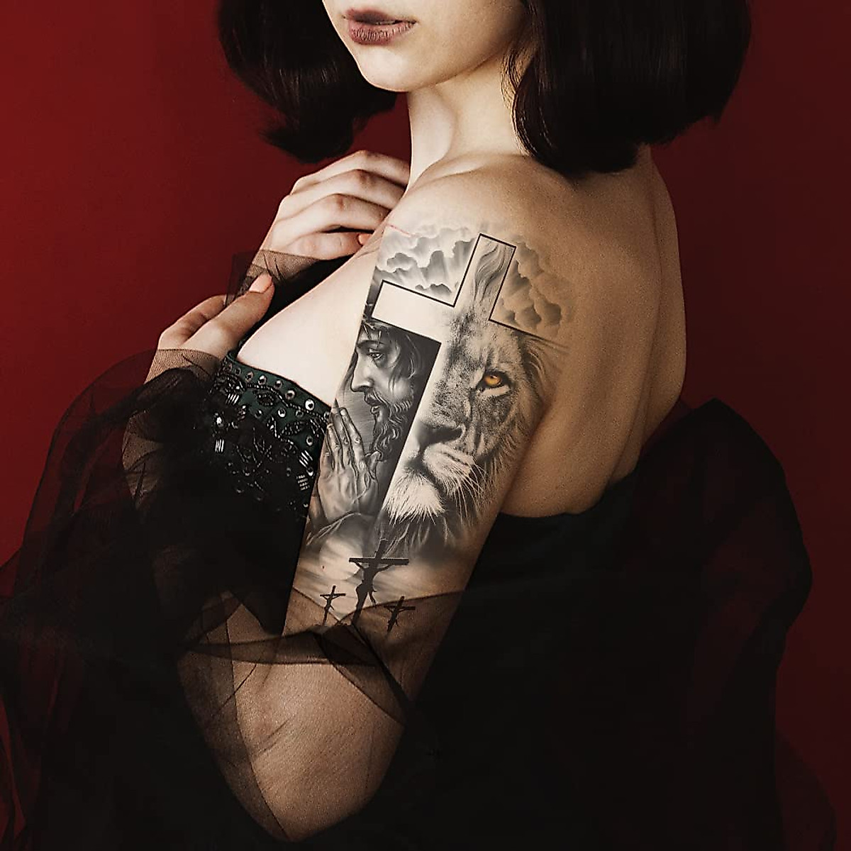 Oottati 2 Sheets Realistic Animal Temporary Tattoos Stickers Forest Lion Jesus Cross Old School Designs For Men Waterproof Arm Leg Fake Body Art, Gym & Parties Bold Masculine Decals