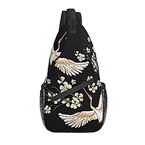 Retro Japanese Embroidery Crane Cherry Blossom Cross Chest Bag Diagonally Sling Backpack Crossbody Shoulder Bag Travel Hiking Daypacks for Men Women