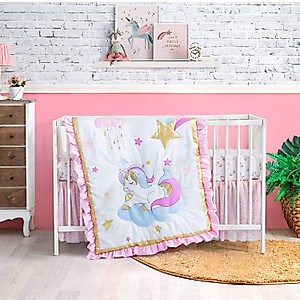 Little Grape Land 3 Piece Baby Crib Bedding Set, Unicorn Standard Size Crib Set, Nursery Baby Bedding for Girls, Crib Sheet, Comforter, Crib Skirt, 52" x 28", Pink Gold
