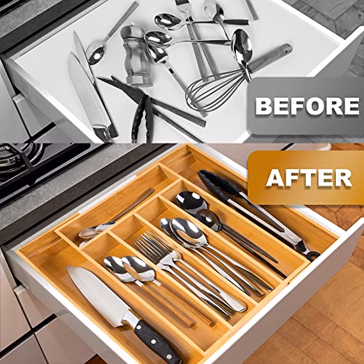 Besilord Expandable Utensil Organizer Silverware Organizer for Kitchen Adjustable Utensils Holder Bamboo Large Flatware Silverware Cutlery in Drawer