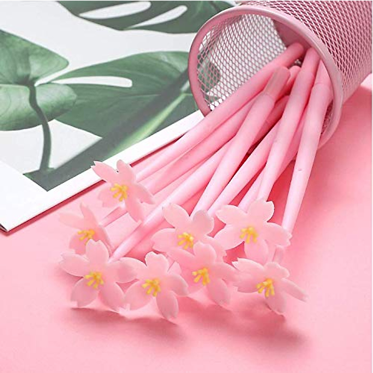 Chris.W 12Pcs Cute Cherry Flower Pens Creative Gel Ink Pens, Party Favor Decor, Office Supplies, Black 0.5mm (Pink)