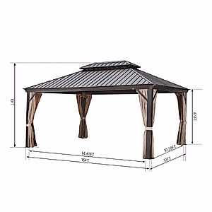 Ulax Furniture 12' x 16' Outdoor Gazebo Patio Permanent Hardtop Pergola with Aluminum Frame Galvanized Steel Double Roof Mosquito Net and Privacy Curtain