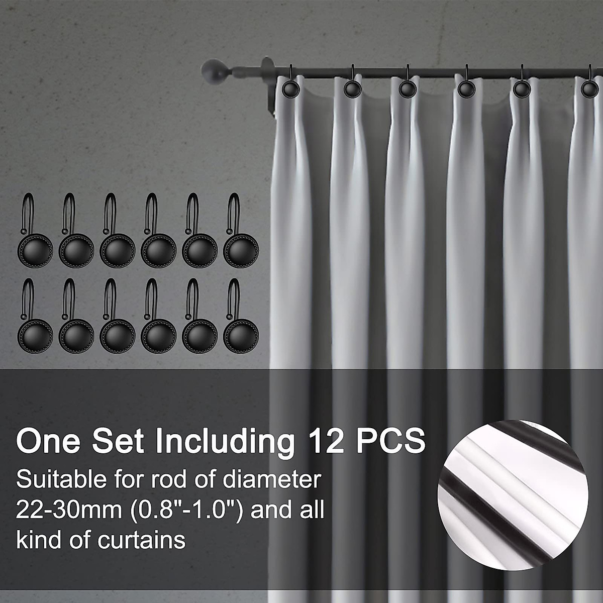 Shower Curtain Hooks Set of 12, Rust Proof Black Shower Curtain Hooks for Bathroom