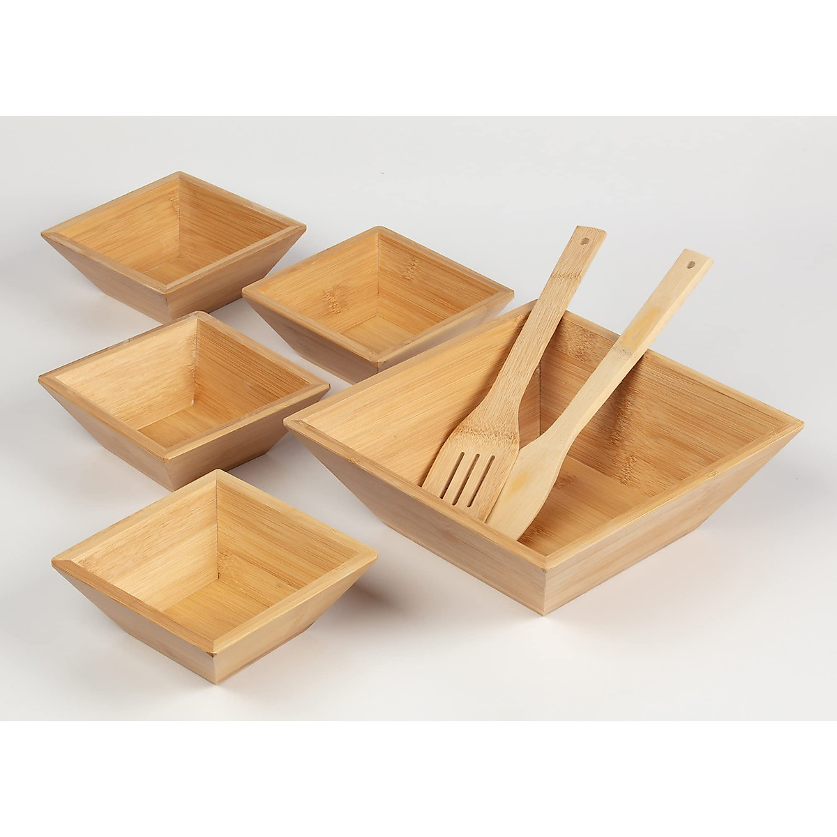 KITCHEN Affections | Bamboo Bowl Set | 5pc Square Bowl Set with Serving Utensils | Wood Dinnerware | Eco Friendly Bowls