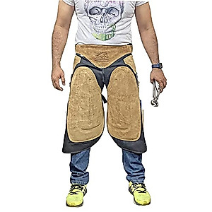 Equine Care Farrier Chaps with Back Support, 4 Knife Pockets & Nail Magnet Cow Hide Suede Leather and Canvas Horse Shoeing Apron (25 Inch-65 CM)