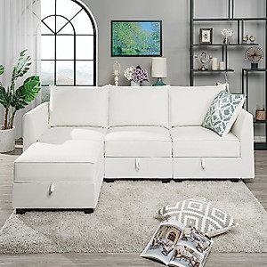 Naomi Home Elizabeth Modular Sectional Sofa with Storage L Shaped Modular Sofa 4-Seater Sectional Couch for Living Room, White Down, Linen