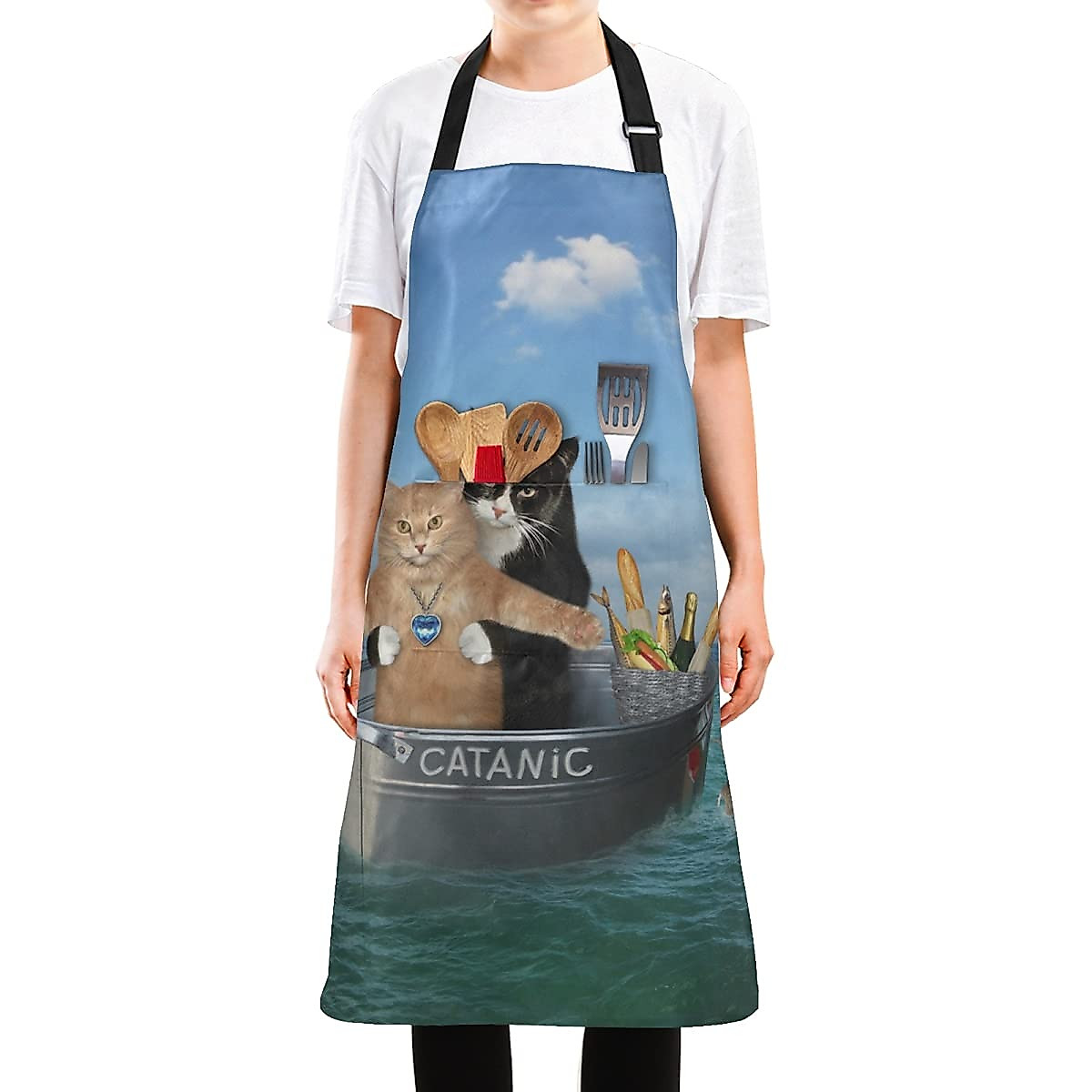 RunningBear Cat Titanic Bib Apron Waterproof Funny Apron for Restaurant, Salon, Cafe, Kitchen with Adjustable Straps Large Pocket for Women Men Chef