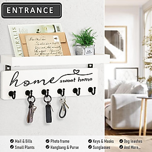 Ikviier Key Holder for Wall Decorative Made of Pine, Key Rack for Wall with Shelf, Key Hook for Wall with 6 Metal Hooks, Farmhouse Mail and Key Holder for Wall (C-White 02)