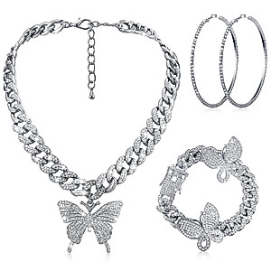 Hinly 3 Pieces Butterfly Jewelry Set Link Chain Necklace for Women Rhinestone Butterfly Pendant Necklace Rhinestone Butterfly Bracelet Large Hoop Earrings Bling Earrings (Silver, Classic)