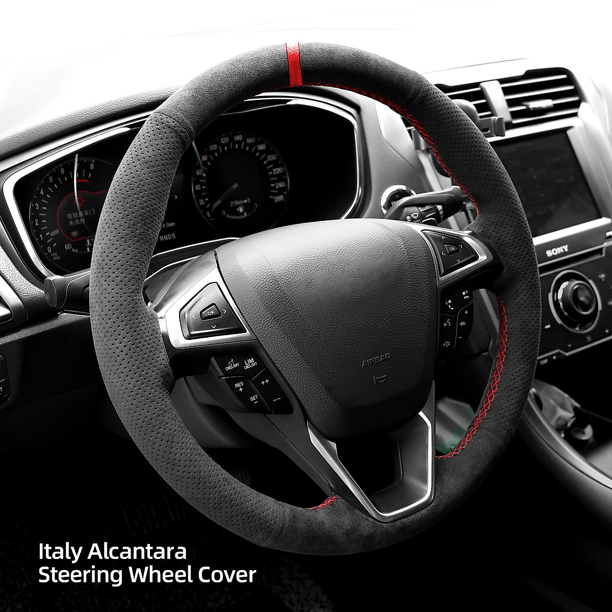 Alfanxi Hand Stitch Alcantara Steering Wheel Cover Compatible with Ford Edge Fusion Energi Hybrid Galaxy Mondeo S-MAX 2014-2020 (Red Stripe)
