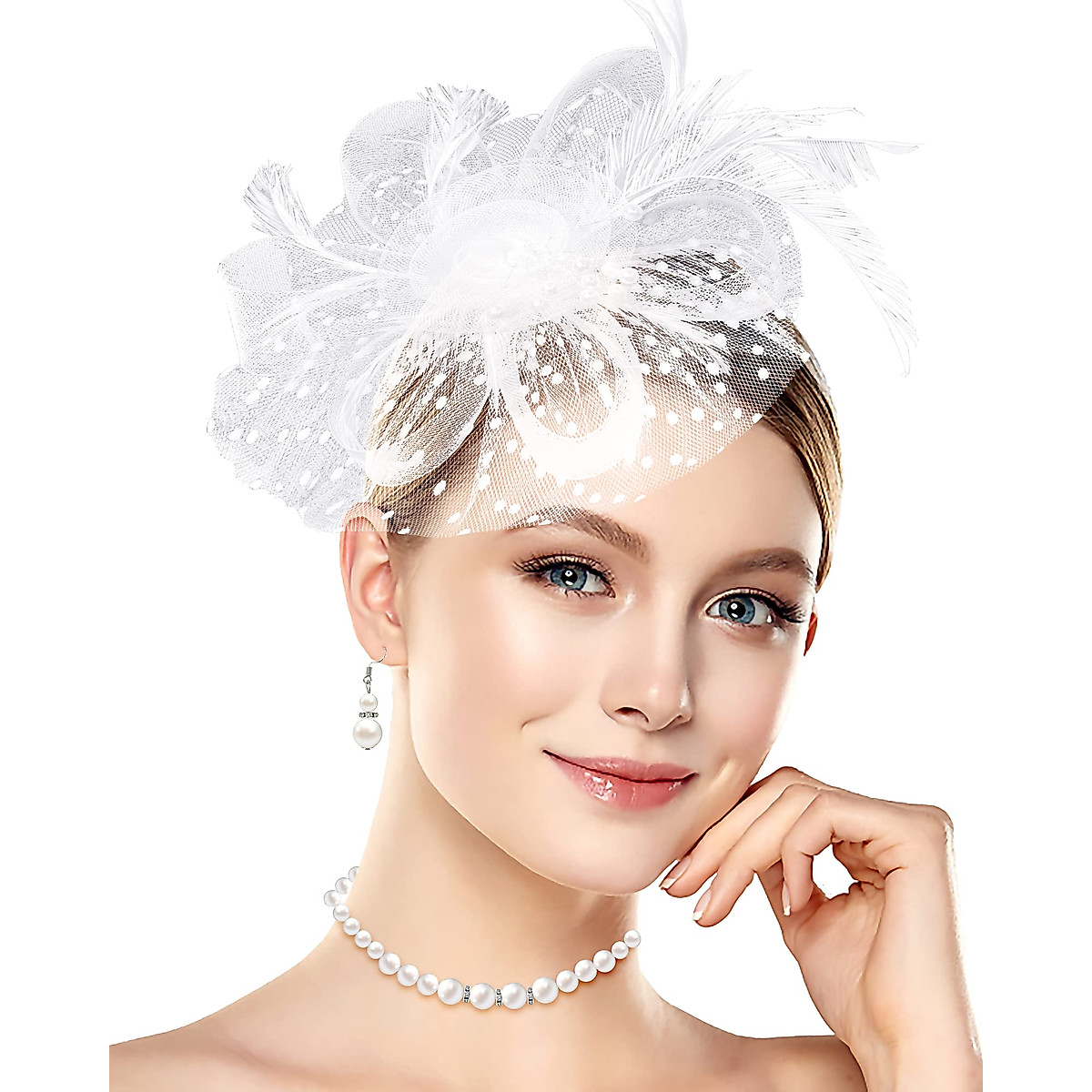 1920s White Fascinators Hat Set for Women Tea Party Headband Lace Gloves Pearl Jewelry Set Cocktail Tea Party Banquet Wedding Halloween Retro Tiara