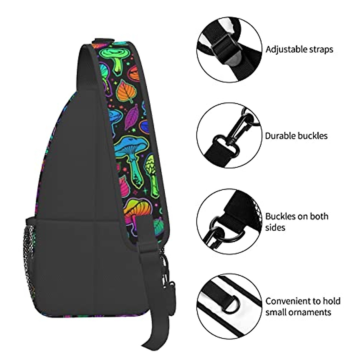 Junong Colorful Trippy Mushroom Sling Bag Crossbody Sling Backpack Travel Hiking Chest Bags Shoulder Sports Daypack for Women Men