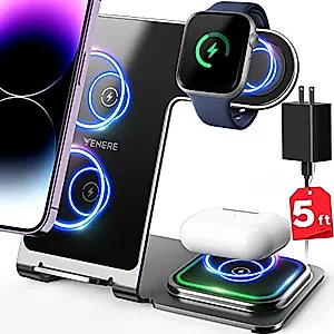 Venere Wireless Charging Station for Apple Devices, Aluminum Alloy 3 in 1 Phone and Watch Charging Station 15W Fast for iPhone14/13/12/11/X/SE/8/Apple Watch/AirPods Pro with 5ft Cable & 20W Adapter