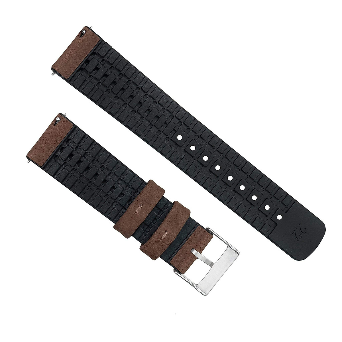 BARTON WATCH BANDS, 20mm Walnut Brown - Leather and Rubber Hybrid Watch Bands with Integrated Quick Release Spring Bars - 316L Stainless Steel - Choose Strap Color & Width