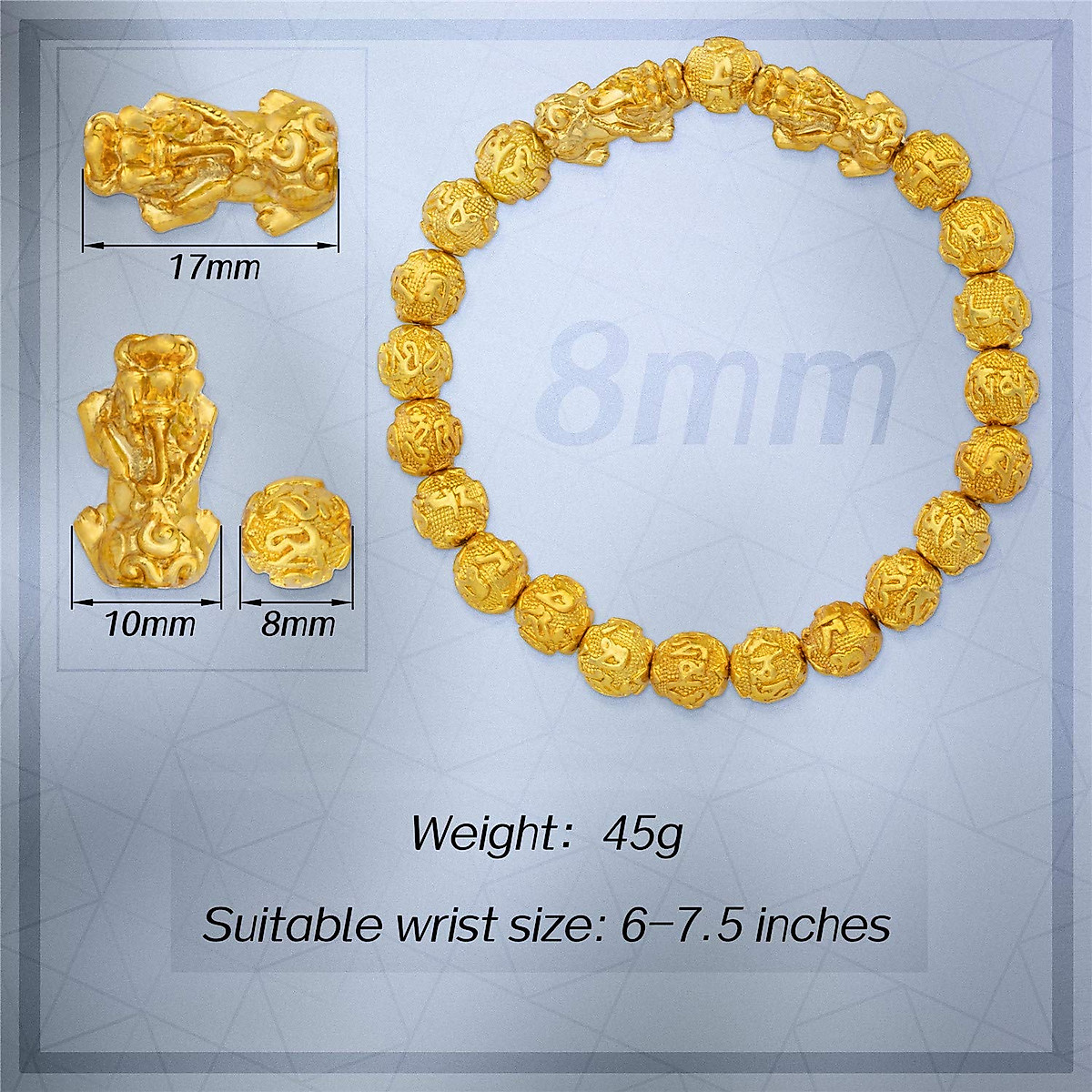 ZenBless Prime Feng Shui Bracelet Prosperity Bling Golden Mantra Bead Bracelet with Double Pi Xiu/Pi Yao Attract Wealth and Good Luck Best Gift(8mm)