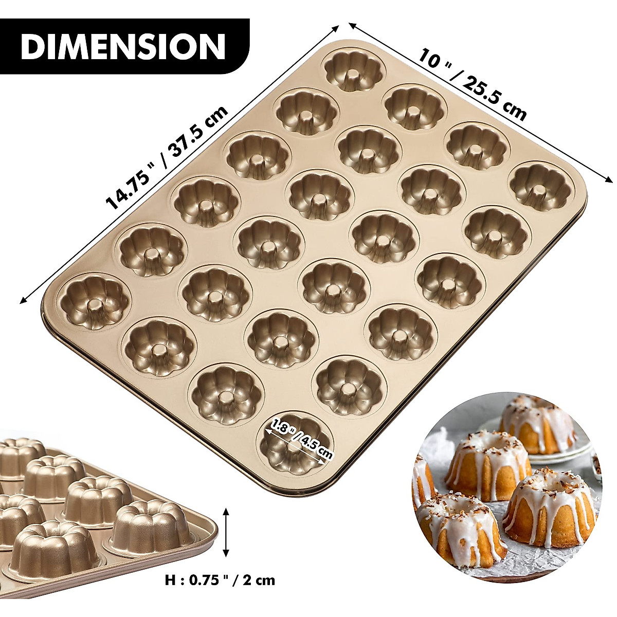 Webake Mini Fluted Tube Cake Pan, 24-Cup Non-stick Bite Size Bundtinis Petite Fluted Cake Mold Heavy Gauge Carbon Steel Baking Tray Set of 2