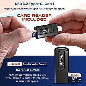 ROVE Ultimate Micro SD Card microSDXC 512GB Memory Card with USB 3.2 Type C Card Reader 170MB/s C10, U3, V30, 4K, A2 for Dash Cam, Android Smart Phones, Tablets, Games