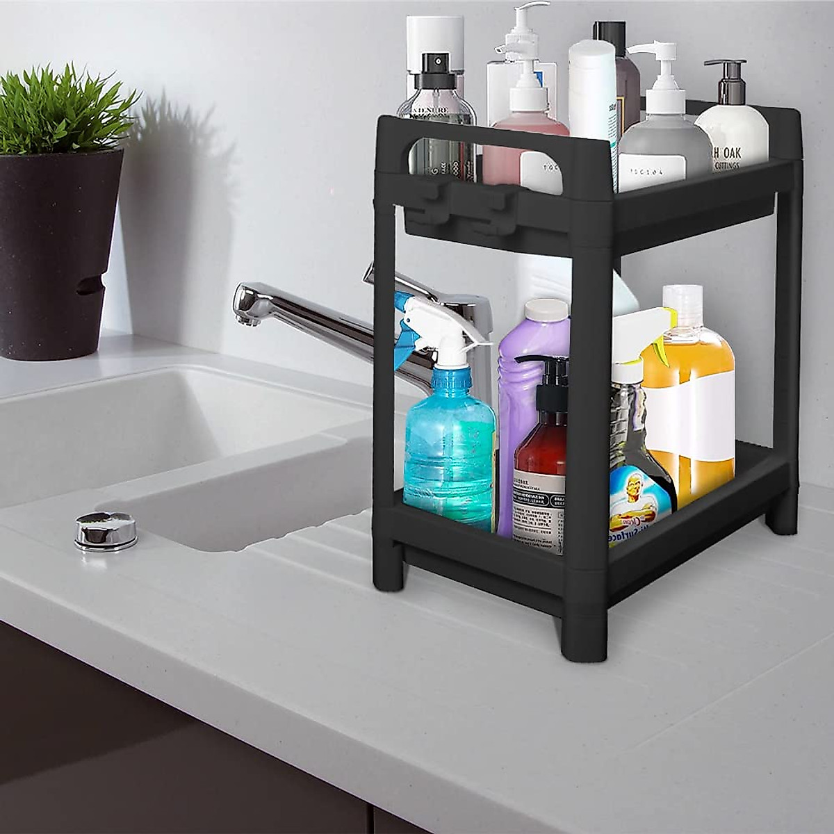 Multipurpose Under Sink Storage Rack for Closet Cabinet,Under Bathroom Kitchen Sink Organizer,2 Tier Countertop Collection Baskets Shelf with Hooks for Home Office (Black)