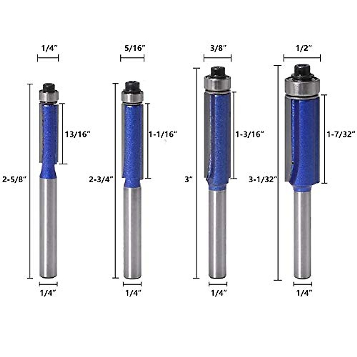 Meihejia 1/4 Inch Shank Template Pattern Flush Trim Router Bit Set (4 Sizes)