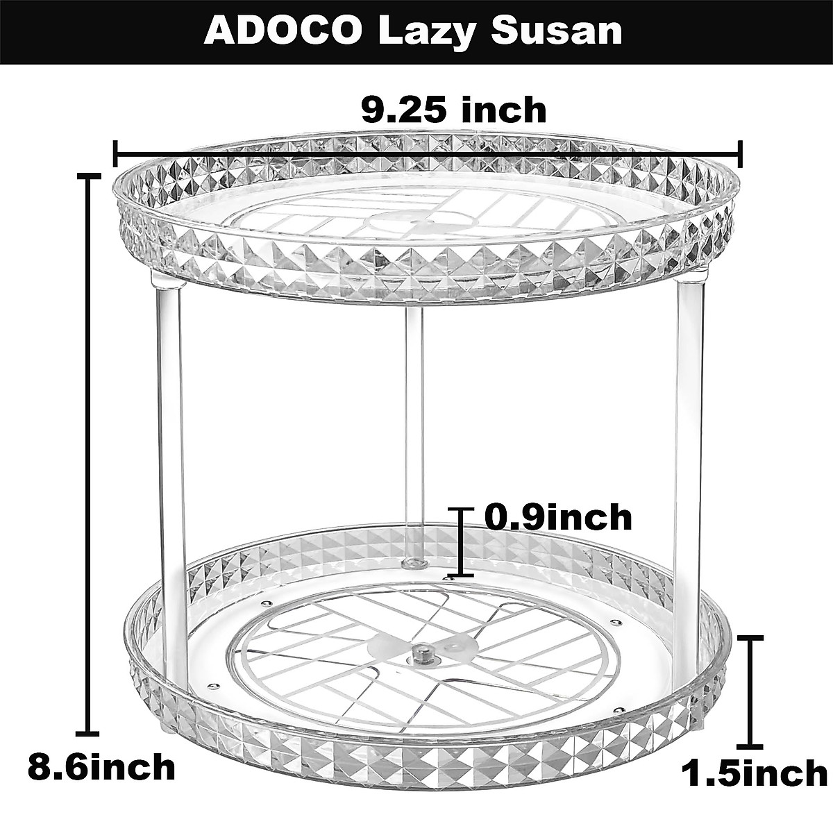 2 Tier Diamond Lazy Susan Bathroom Organizer Countertop, Clear 360 Rotating Cosmetic Makeup Organizer for Vanity, Skincare Organizers Perfume Organizer for Counter - Organization and Storage -9.25INCH