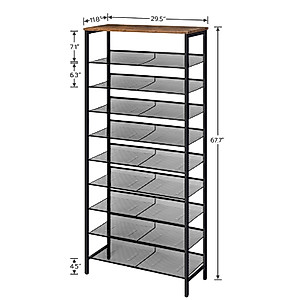 HOOBRO 10-Tier Shoe Rack Organizer, Large Capacity Metal Shoe Shelf, Sturdy Shoe Storage with Top Shelf, for 27-36 Pairs of Shoes, Space Saver, Industrial, Rustic Brown and Black BF110XJ01
