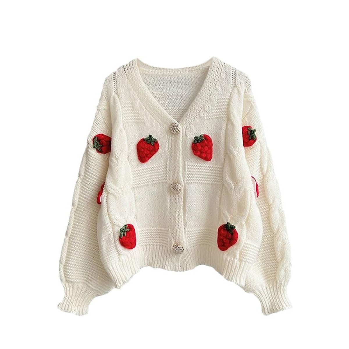 Womens Kawaii Strawberry Knit Cropped Sweater Cute Cardigan Aesthetic for Teen Girls Floral Y2k Korean School Uniform Jacket