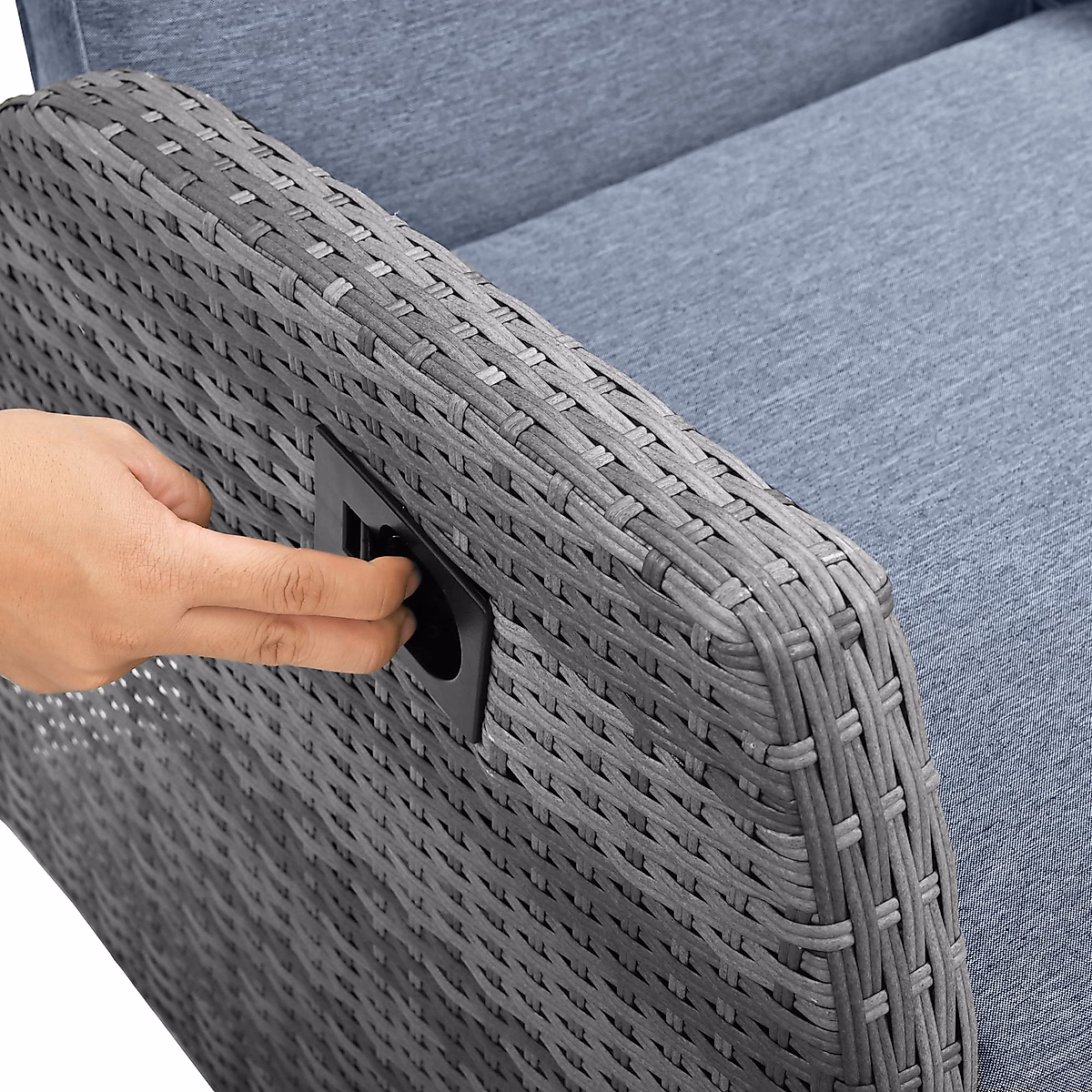 LUMISOL Outdoor Recliner Chairs Set of 2, 3 Piece Rattan Sofa Set, Patio Rocking Chairs Set with Adjustable Footrest, Outdoor Rattan Reclining Chairs with Table & Pillow for Backyard, Porch (Grey)