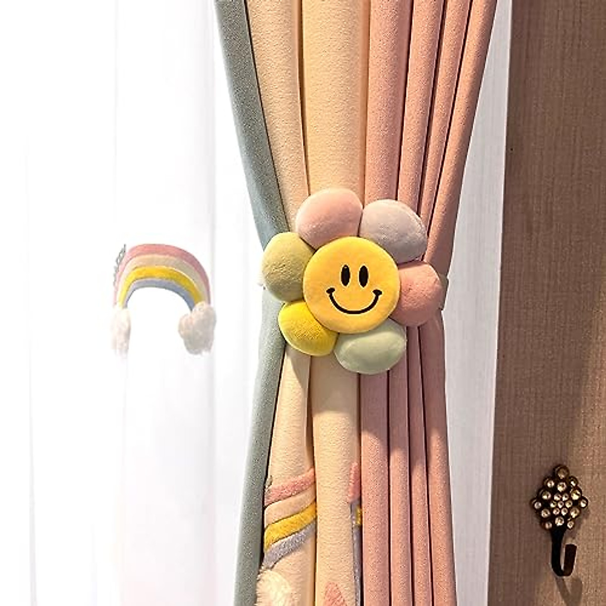 2Pack Cute Curtain Tiebacks, European Style Sunflower Drape Tie Backs, Decorative Drape Tie Backs Holdback Holder for Baby Kid Girls Living Room Window Draperies for Christmas Home Holiday Décor