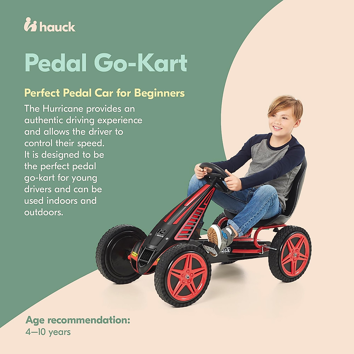 Hauck Hurricane Racing Go Kart w/ Low Profile Rubber Tires & Handbrake for Rear Wheels - Ride On Toy designed for Kids Ages 4-10 years