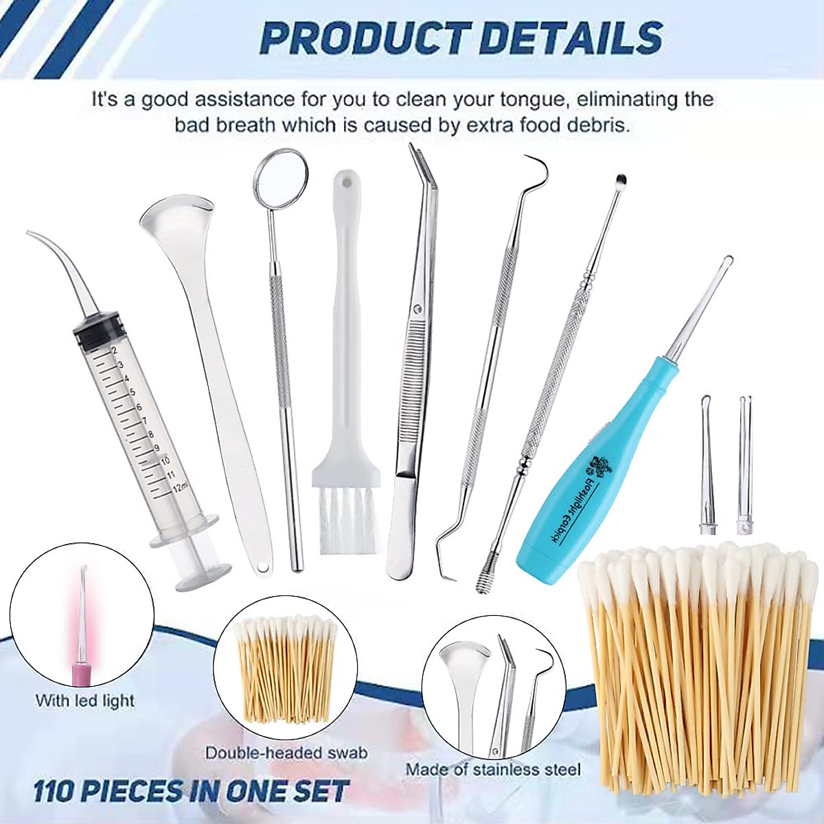 9 Pieces Upgraded Tonsil Stone Removal Set Include Stainless Steel Tonsil Stone Remover Tool Led Light Tongue Cleaner Scraper Tweezer，Cured Syringe for Oral Care (Blue)