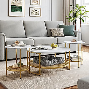 LINSY Home Round Coffee Table Set of 3 for Living Room, Modern Coffee Table with Open Storage, Wood Surface Top & Sturdy Metal Legs Large Circle Coffee Table, White and Gold