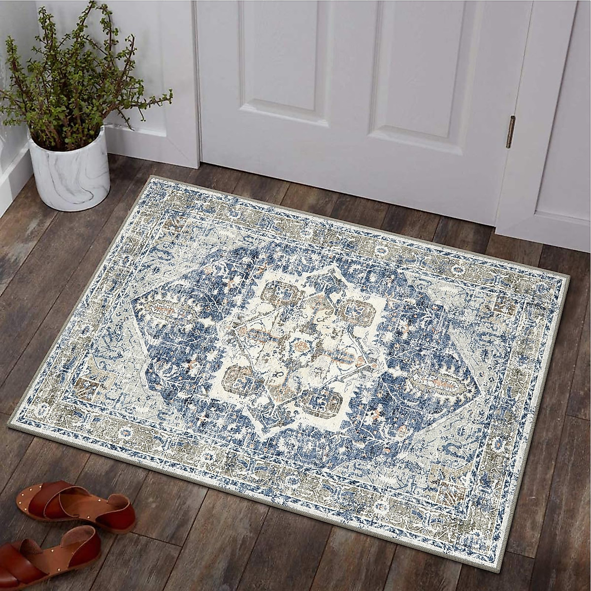 Lahome Boho Door Mat Indoor Entrance, 2x3 Rugs for Entryway Washable Non Slip Small Rugs for Bedroom Throw Thin Kitchen Rugs Bathroom Mats, Blue Medallion Print Doormat Carpet for Office Entrance