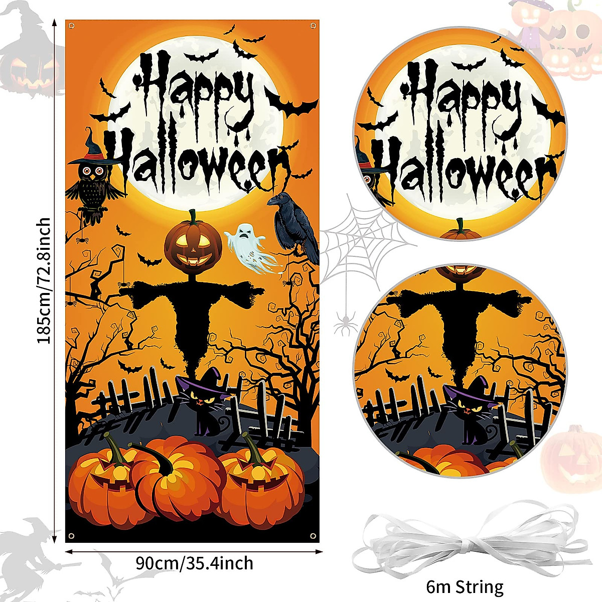 Halloween Door Decorations Banner, Happy Halloween Door Cover Backdrop, Fabric Pumpkin Ghost Hanging Door Poster Sign Banner for Outdoor Indoor Halloween Eve Porch Background Party Wall Decoration